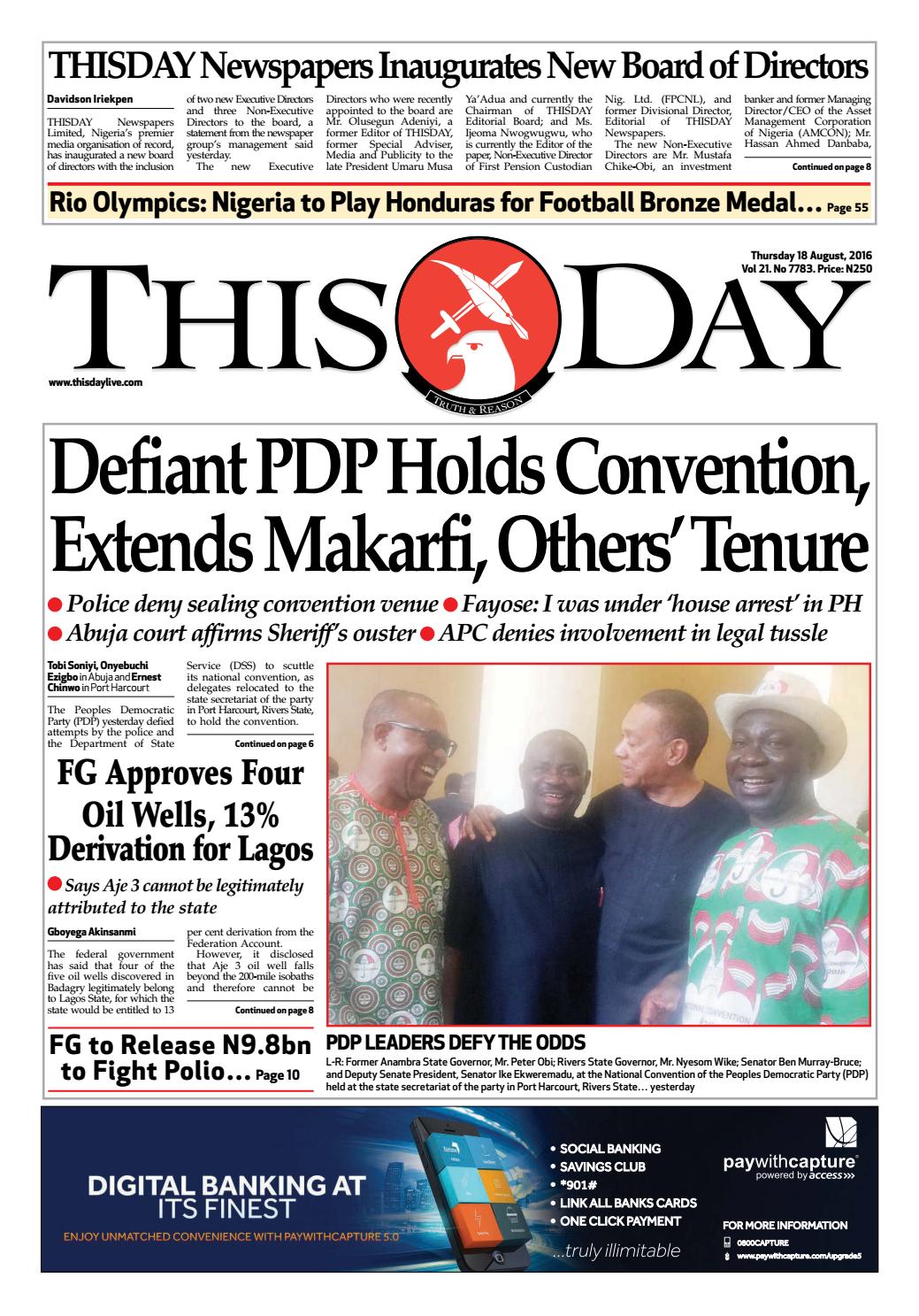 Thursday 18th August 2016 by THISDAY Newspapers Ltd - issuu